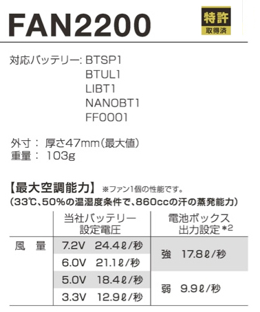 FAN2200 ファン(ブラック)2個+ケーブル｜2023空調服(R) ＜7.2V＞FAN2200/2300/2400ファン・LI-SUPER1/Pro2バッテリー｜作業服・空調服など ...